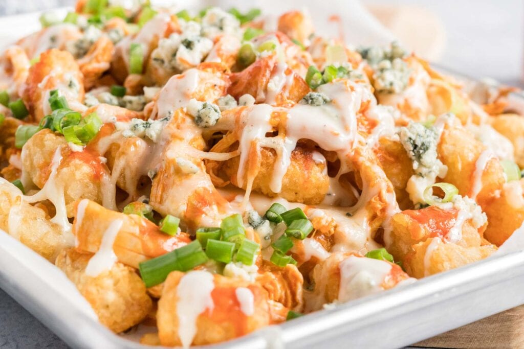 Buffalo Chicken Totchos (Tater Tot Nachos) - Tastes of Homemade