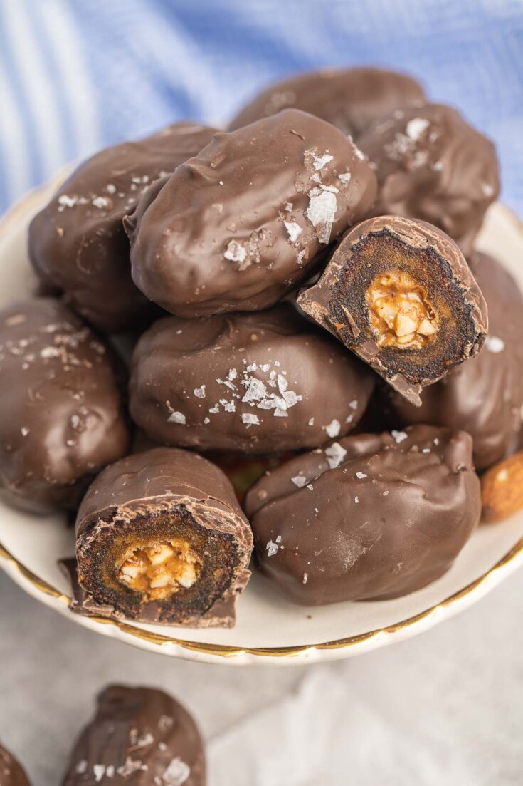Chocolate Covered Almond Stuffed Dates - Tastes of Homemade